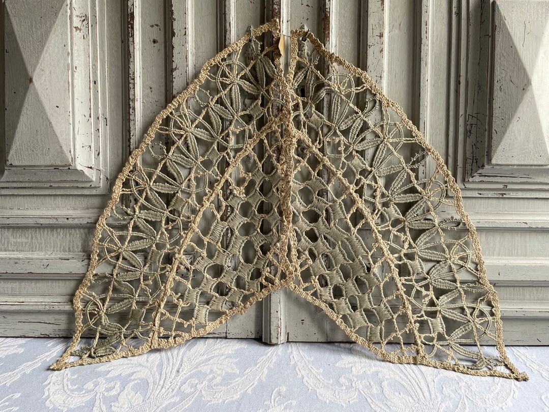 Pair Antique French Lace wing Shaped Doily, 2x Natural Linen Handmade ...