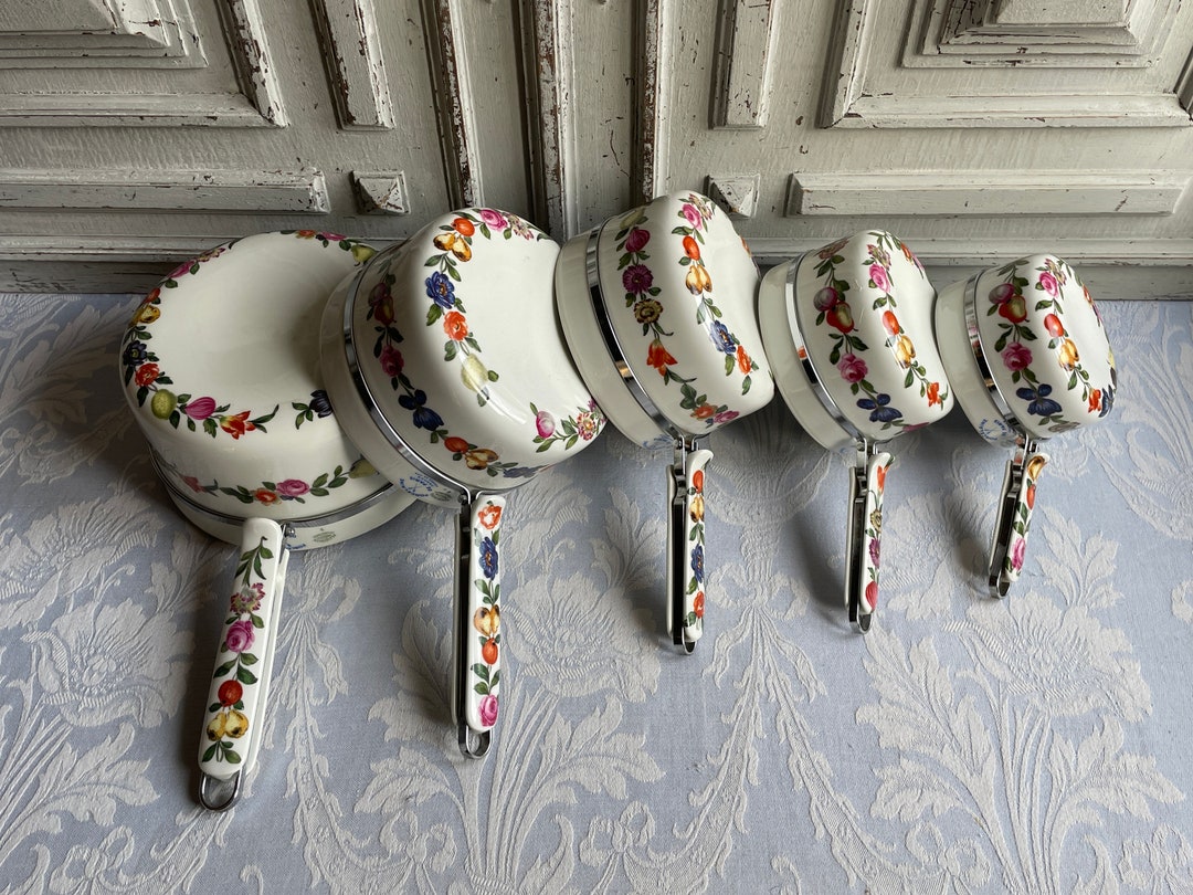 5 Antique French Aluminite Porcelain Saucepans White Floral Limoges ...