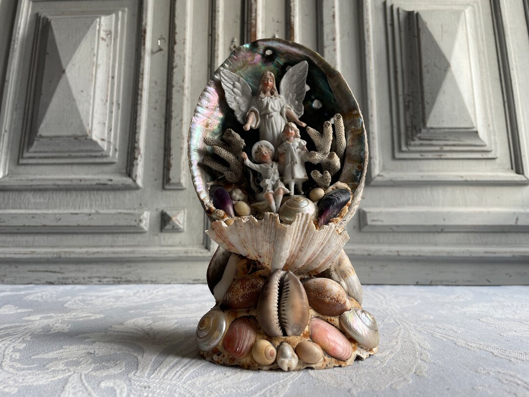 Antique French Angel Statue, Abalone Shell, Winged Angel Benitier Holy ...