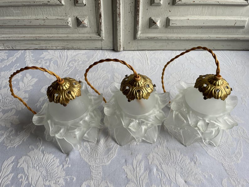 French Vintage Glass Ceiling Light SINGLE Frosted White Rose Hanging ...
