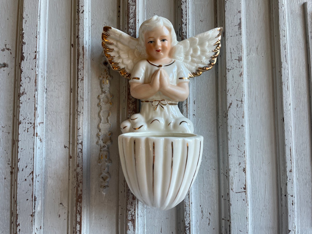 Antique French Angel Benitier Statue, Large White Wall Mounted Winged ...