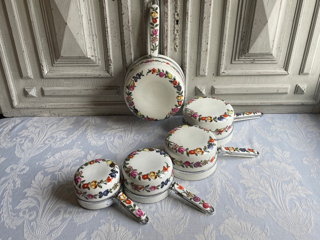 5 Antique French Aluminite Porcelain Saucepans White Floral Limoges ...