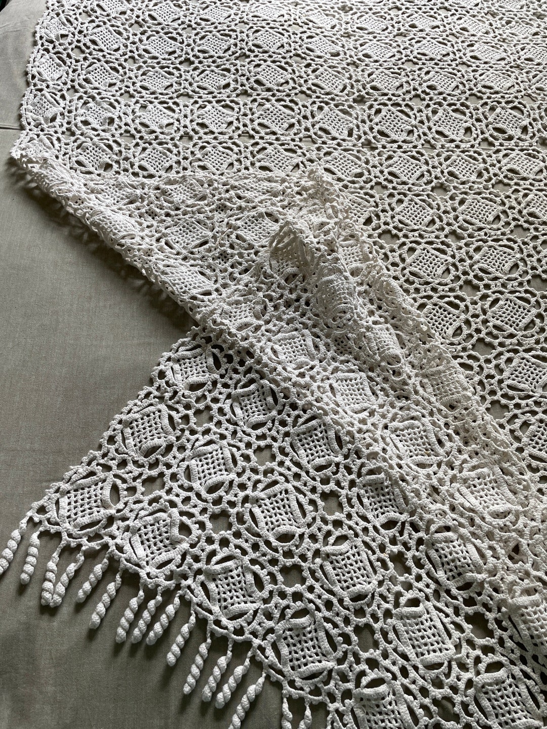 French Vintage Crocheted Bed Cover, Large Double Cream Hand Crochet ...