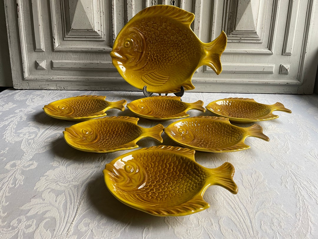 French Vintage Fish Serving Set, Ceramic Platter and 6 Plates, Seafood ...