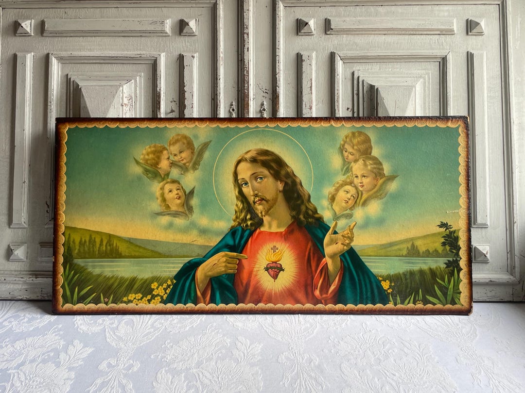 French Vintage Religious Print, Polychrome Sacred Heart, Cherubs ...