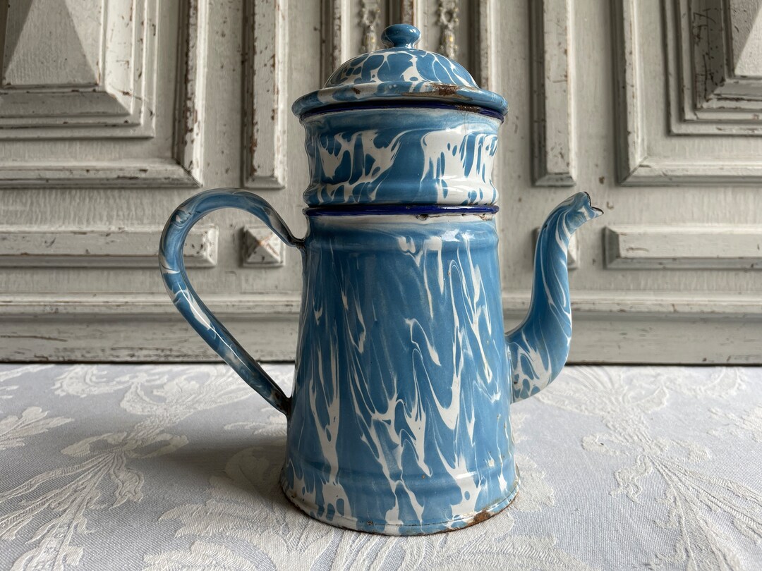 Vintage Enamel Coffee Pot French Biggin Mottled Blue and White Vintage ...