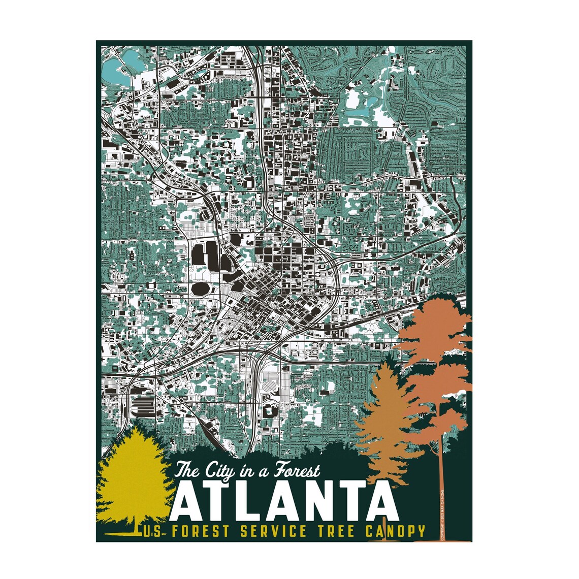 Atlanta Map City in a Forest Atlanta Trees Nature Maps - Etsy