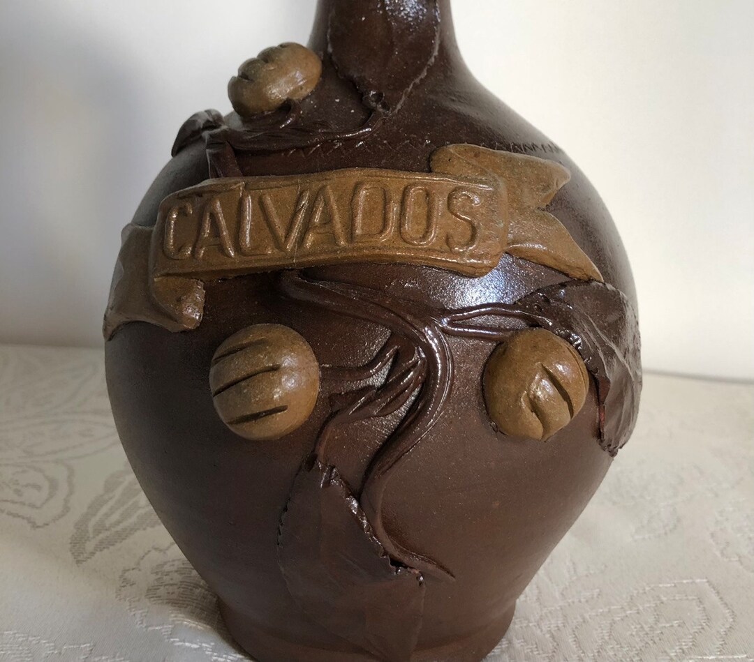 Vintage French Stoneware Calvados Jug With a Carved Stopper Depicting a ...
