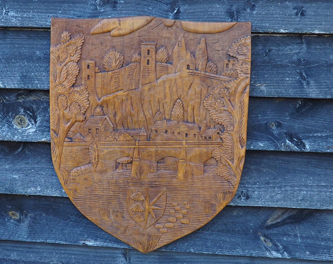 Large Carved Wall Relief of a Medieval Castle Village and Bridge With a ...