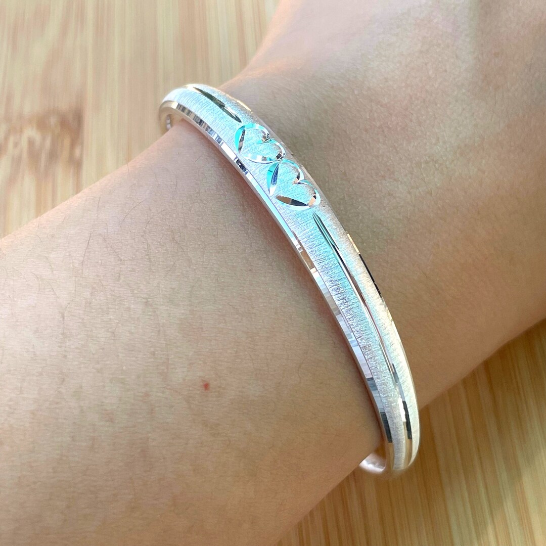 Sterling Silver Heart Bangle Bracelet, Pure Silver Bangle, Adjustable ...