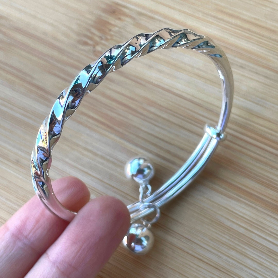 Pure Silver Bangle for Women, Bracelet With Bells, Adjustable Bangle ...