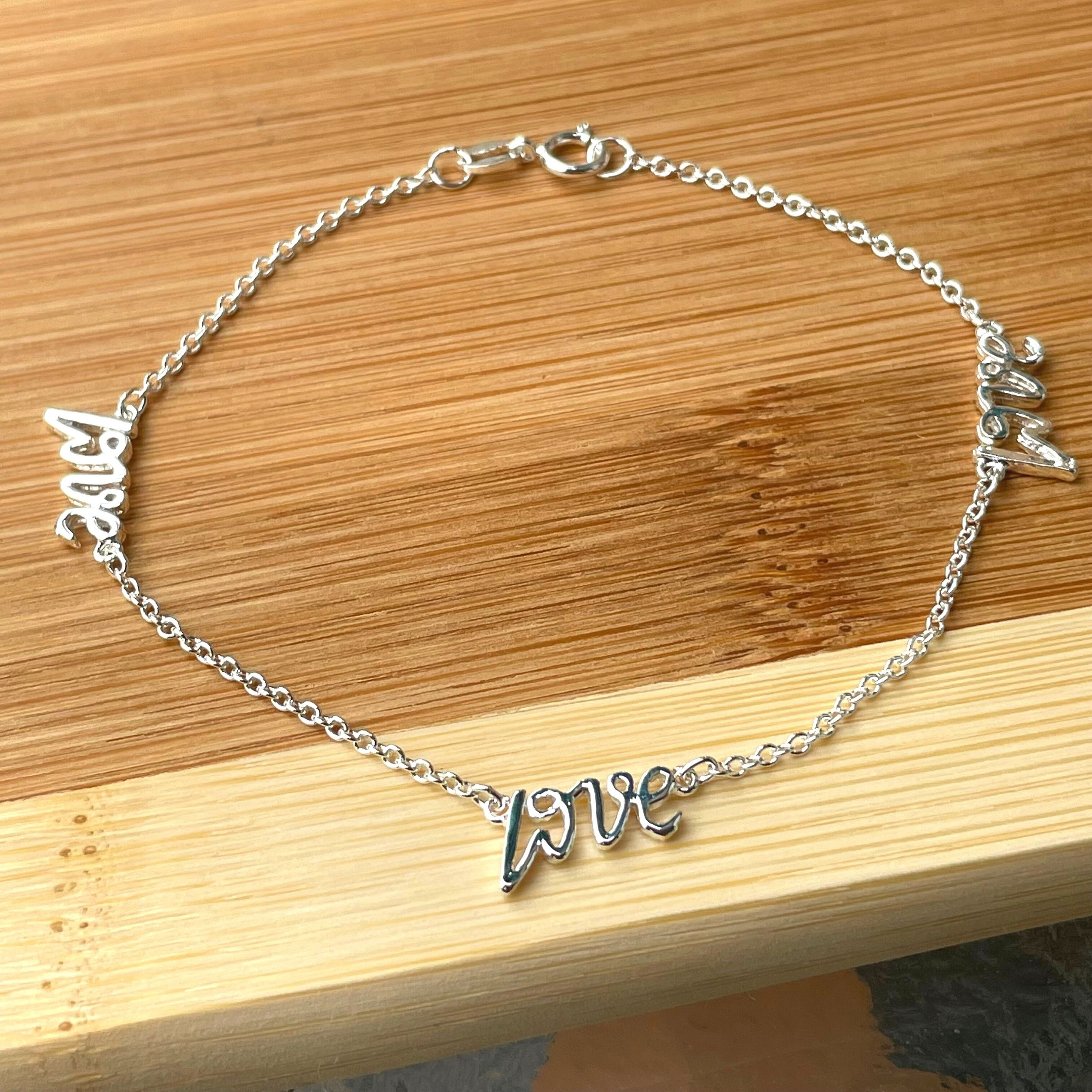 Sterling Silver Love Bracelet, Script Love, Dainty Chain Bracelet ...