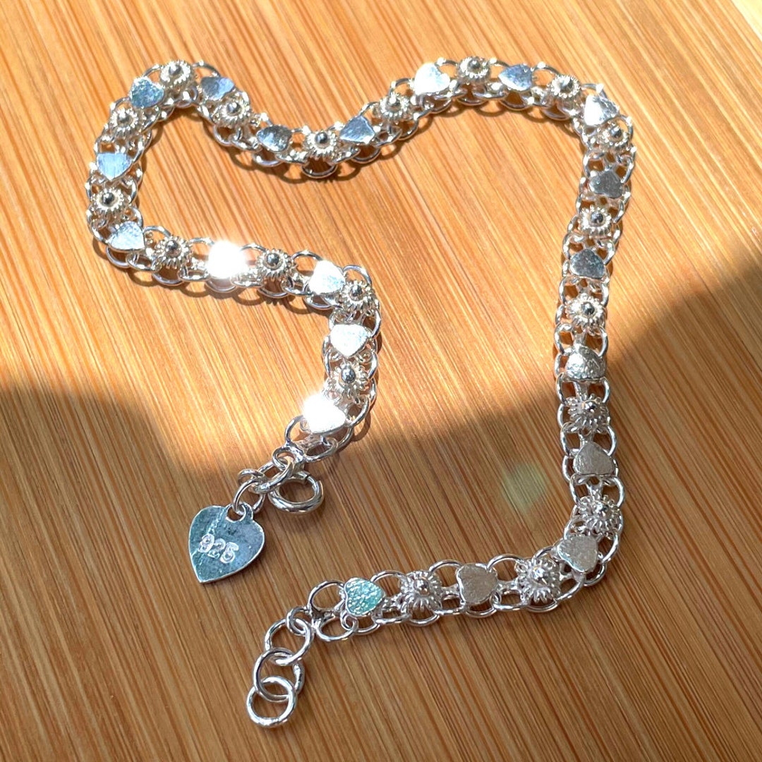 Sterling Silver Silver Boho Anklet, Hippie Ankle Bracelet, Heart Chain ...