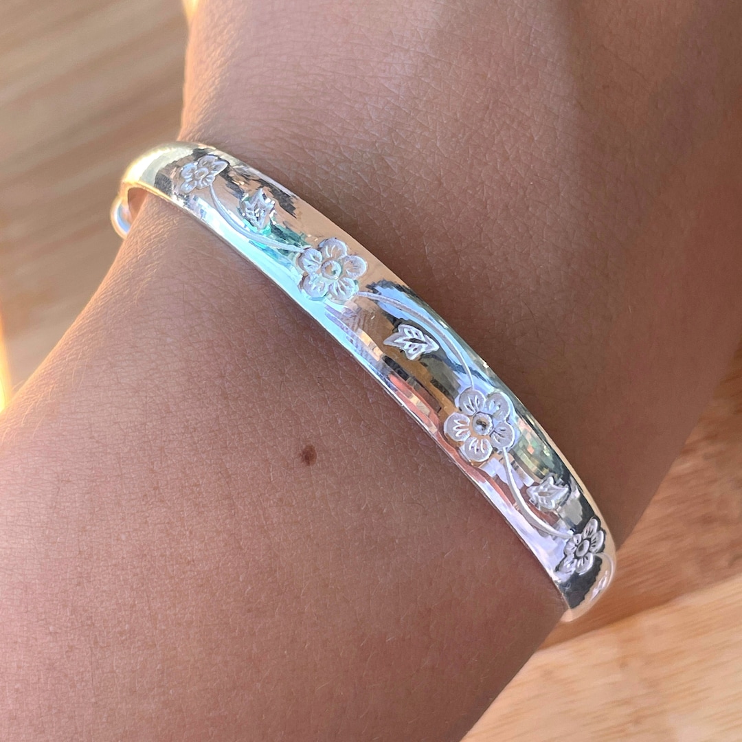 Pure Silver Bangle Bracelet, Flower Bangle, Adjustable Bangle, Push and ...