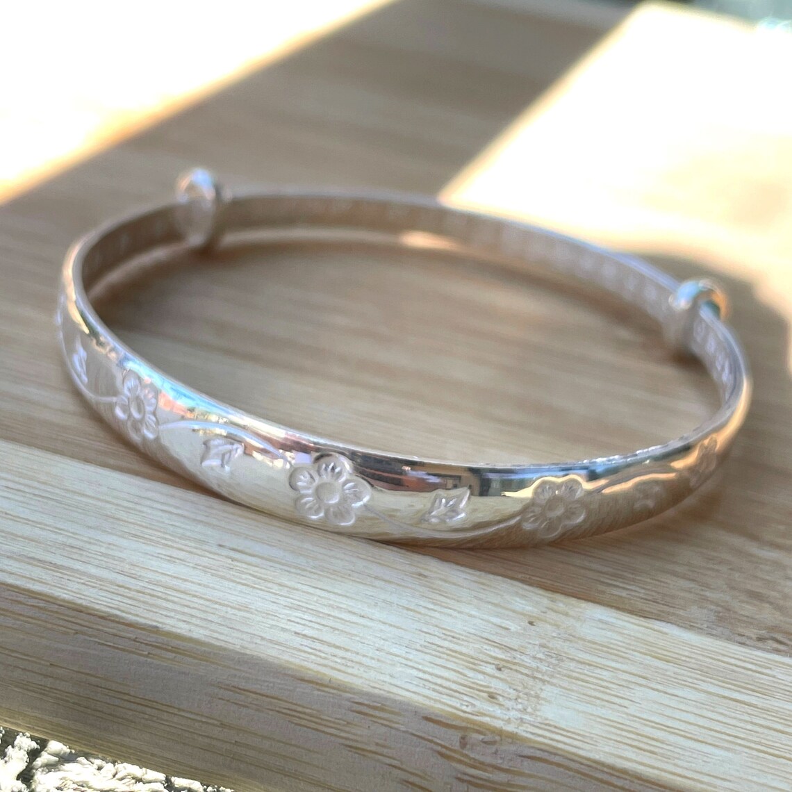 Pure Silver Bangle Bracelet, Flower Bangle, Adjustable Bangle, Push and ...