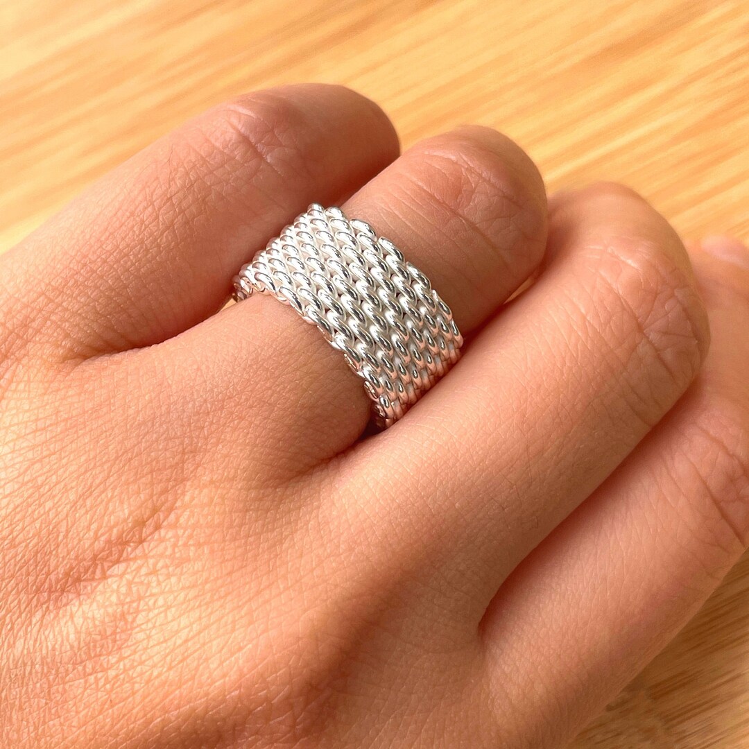 Sterling Silver Chain Ring, Mesh Ring for Women, for Men, Thumb Ring ...