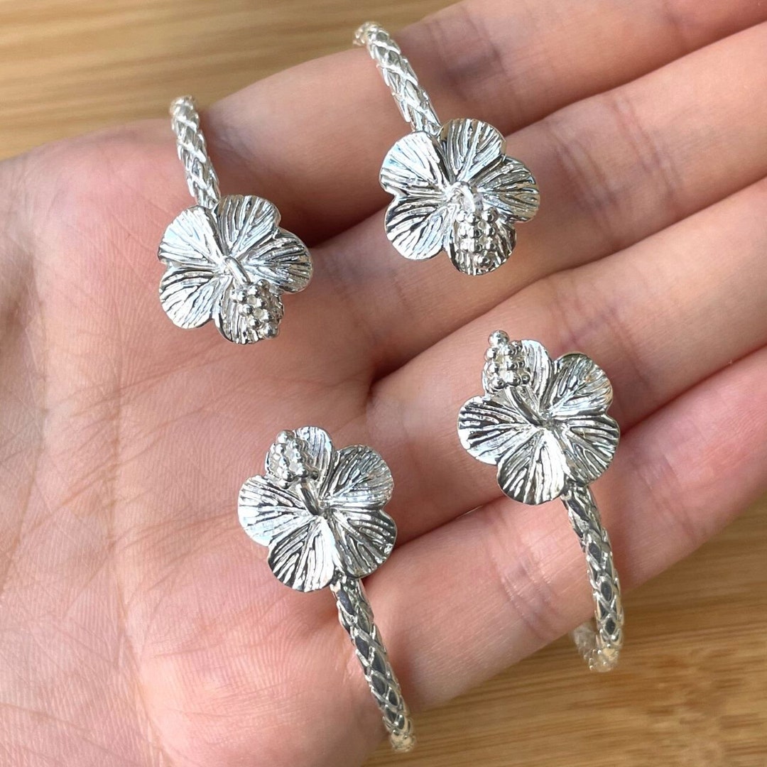 West Indian Sterling Silver Bangle Bracelet for Women, Hibiscus Flower ...