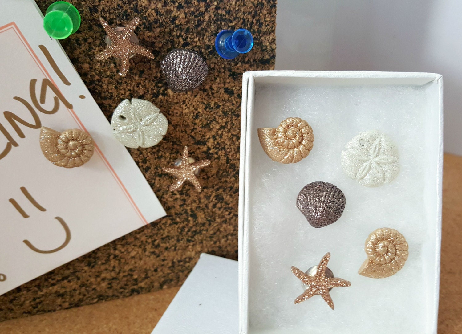 Handmade fun Tacks Thumb Tacks Glitter Shells - Etsy