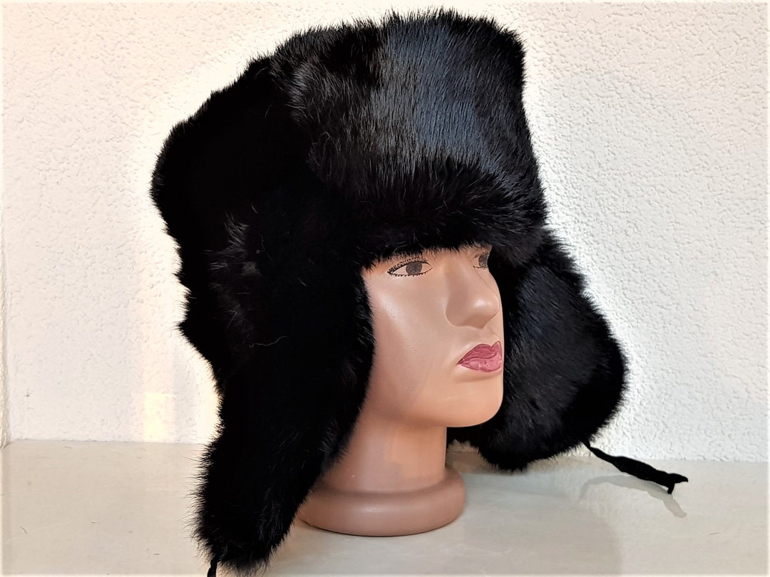 Black Winter Hat Ushanka Natural Rabbit Fur - Etsy