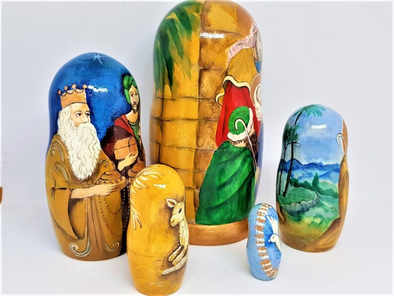 The Nativity of Jesus Nesting Dolls Painted Wooden Birth of Jesus ...