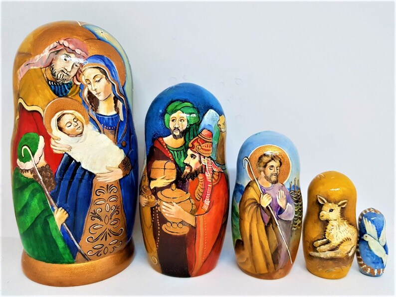 The Nativity of Jesus Nesting Dolls Painted Wooden Birth of Jesus ...