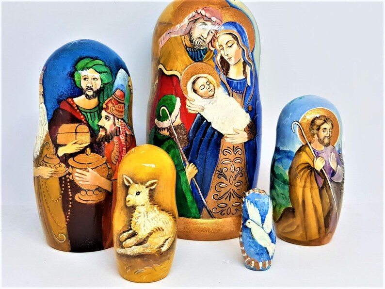 The Nativity of Jesus Nesting Dolls Painted Wooden Birth of Jesus ...