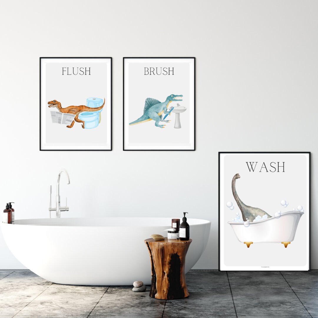 Dino Bathroom Art, Modern Kids Decor, Neutral Kids Decor, Bathroom Art ...
