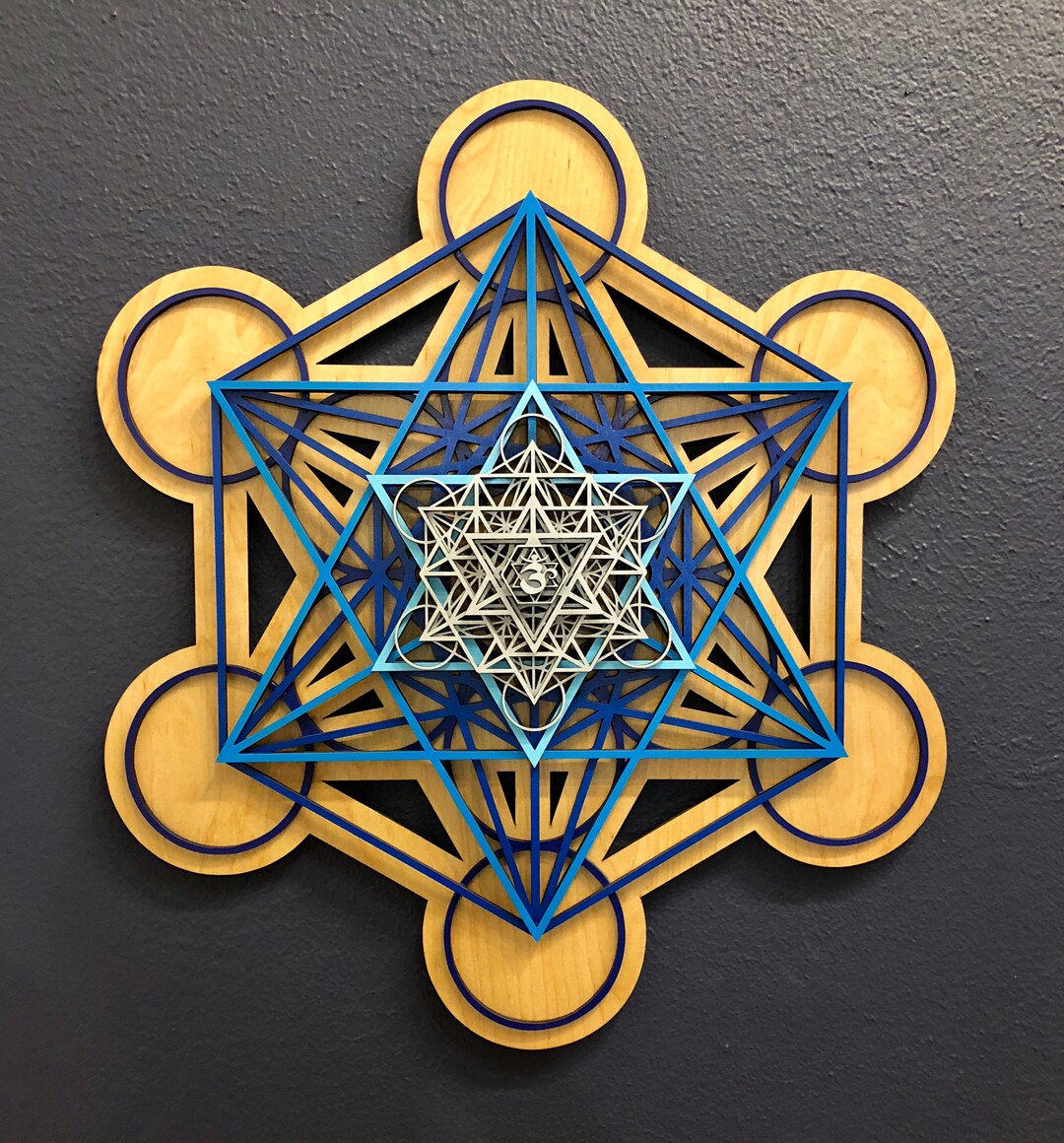 The Om Mandala V1 - Metatron's Cube, Wall Art, Blue Fade With Silver ...
