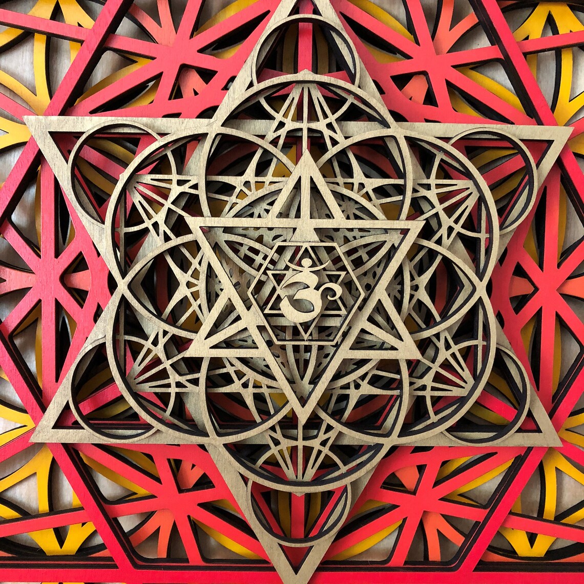 The Om Mandala V2.2 - Metatron's Cube, Red, Orange, Yellow With Natural ...