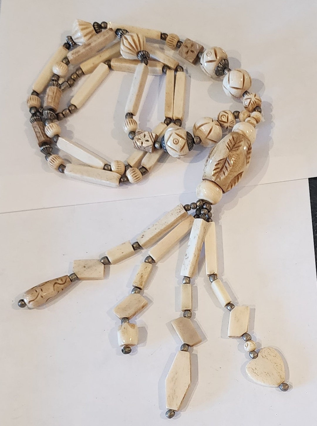 Vintage, India, Tribal, Carved Bovine Bone, Beaded, Necklace, Different ...