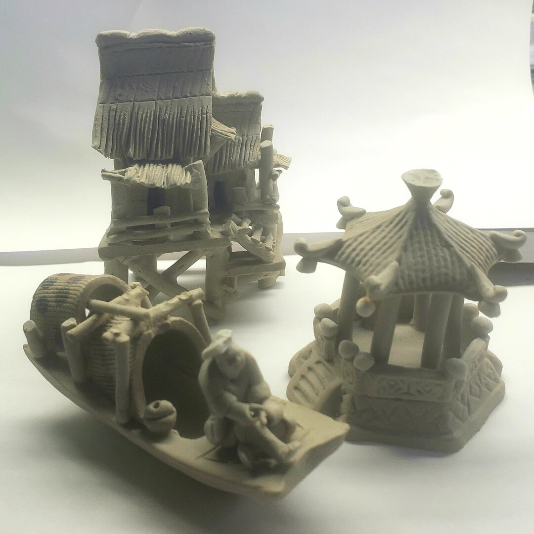 Vintage, Unpainted, 3 Chinese Miniature Mud Items, House Boat - Etsy