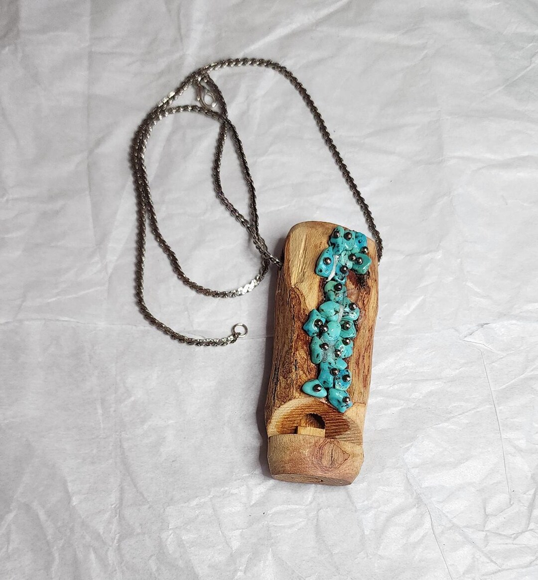 Vintage Hand Carved Wood Whistle Pendant With Turquoise Chip ...