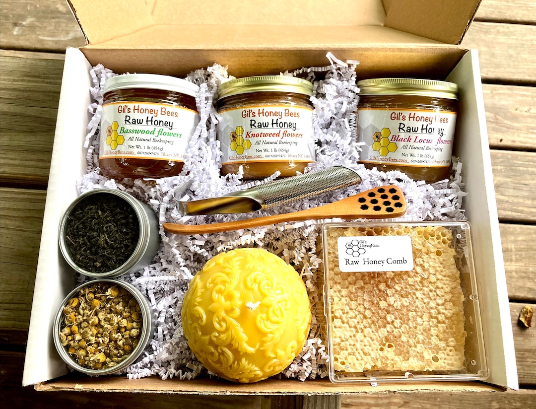 Raw Honey Gift Box: Honeycomb, Beeswax Candle & Organic Tea - Etsy