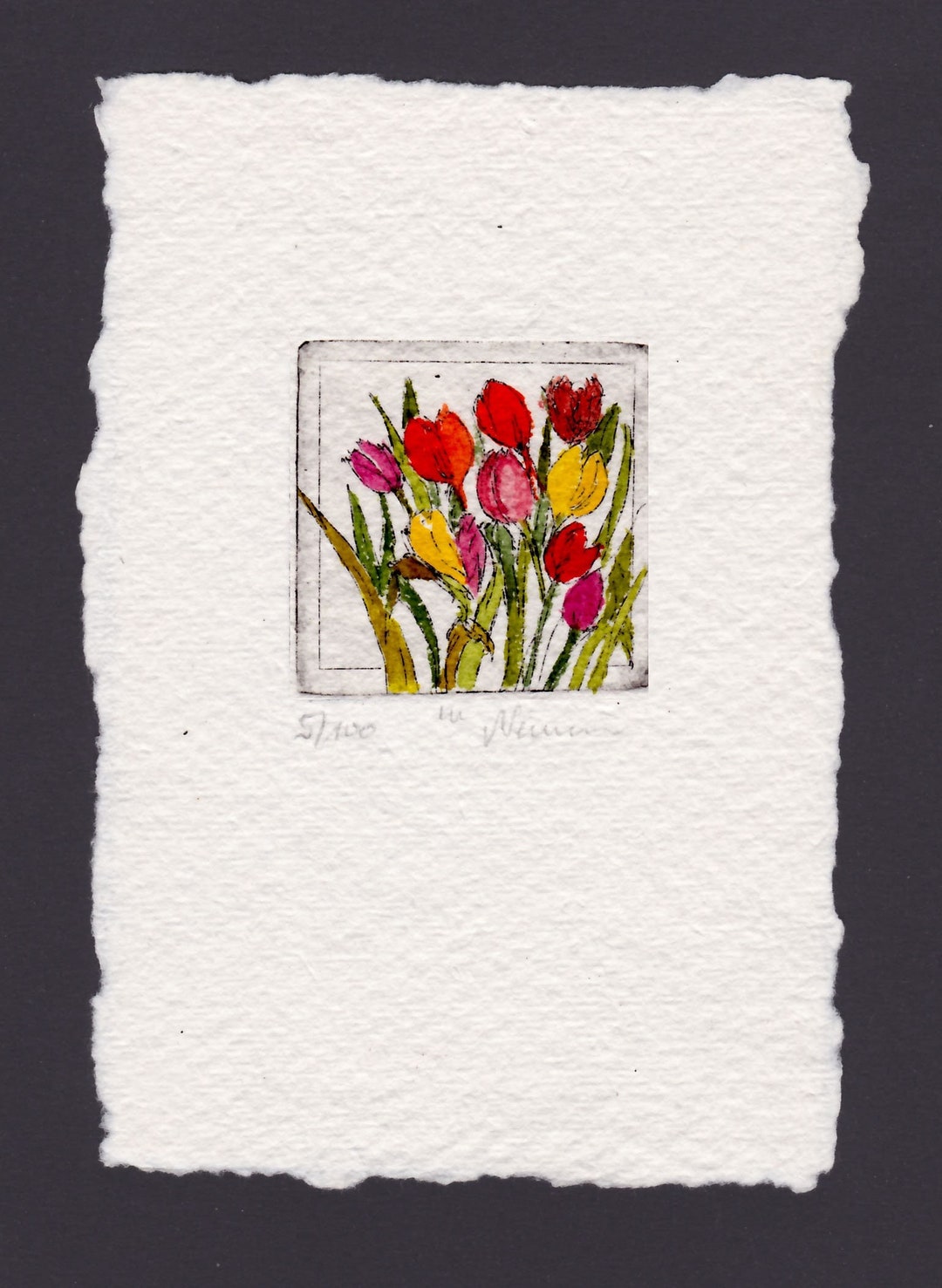 Delicate Etching Tulips for the Anniversary Watercolored Nature Pond ...