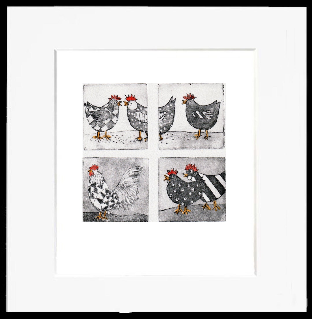 Funny Chickens 4 Original Etching Farm Illustration Original Etching ...
