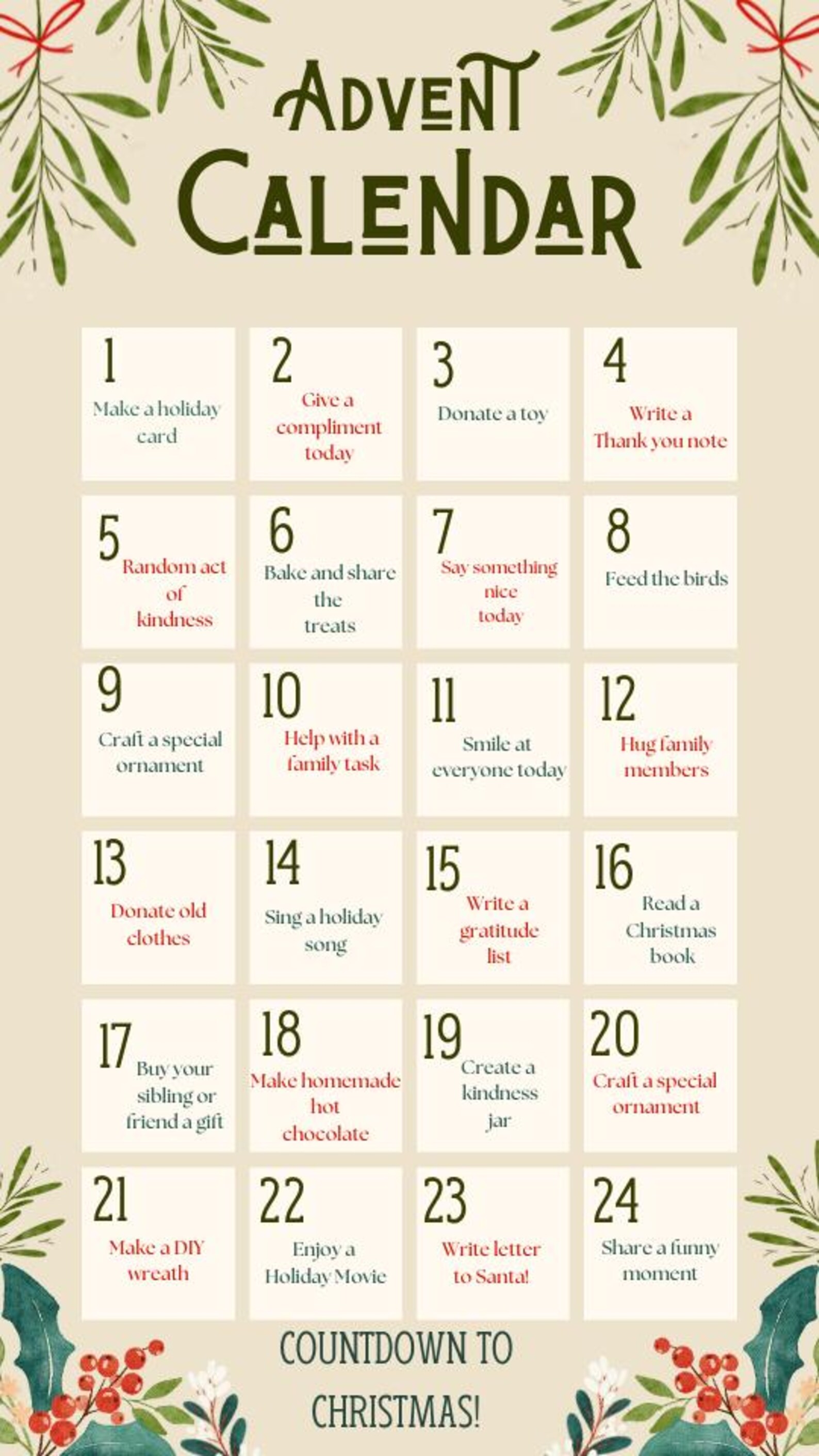 Kids Christmas Advent Calendar 2024 24 Days of Family Kindness ...