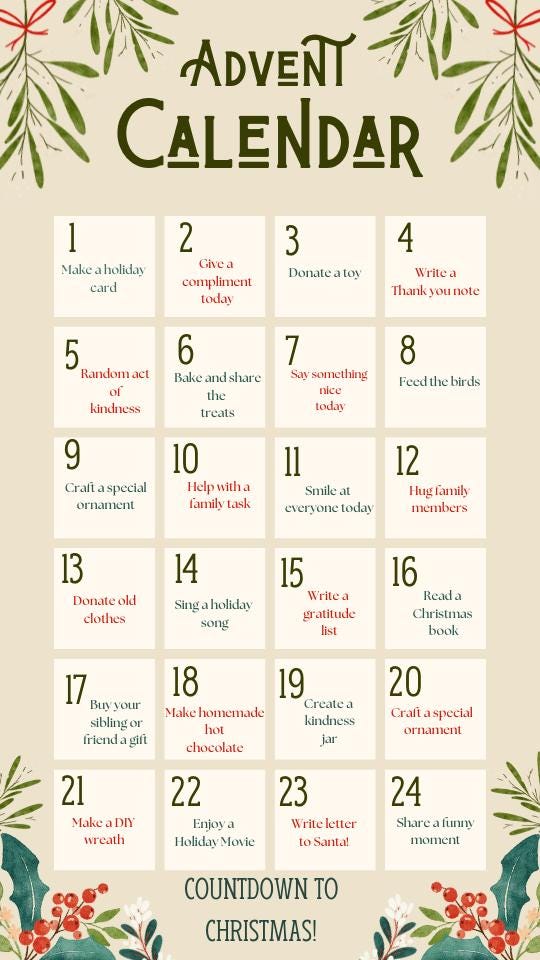 Kids Christmas Advent Calendar 2024 24 Days of Family Kindness ...