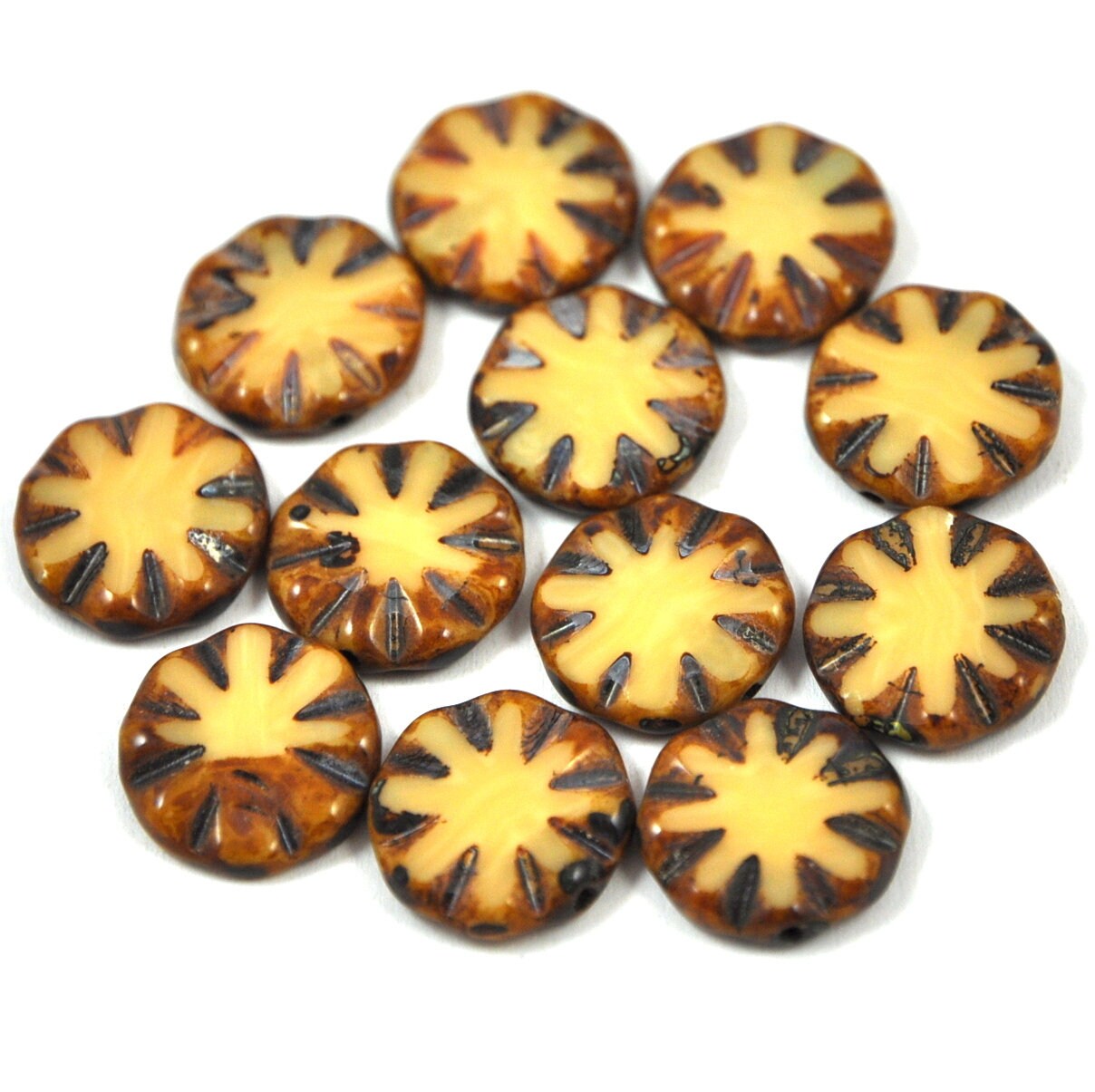 8pcs Bohemian Table Cut Beads Round Size: 14mm Ivory Picasso 13020 ...