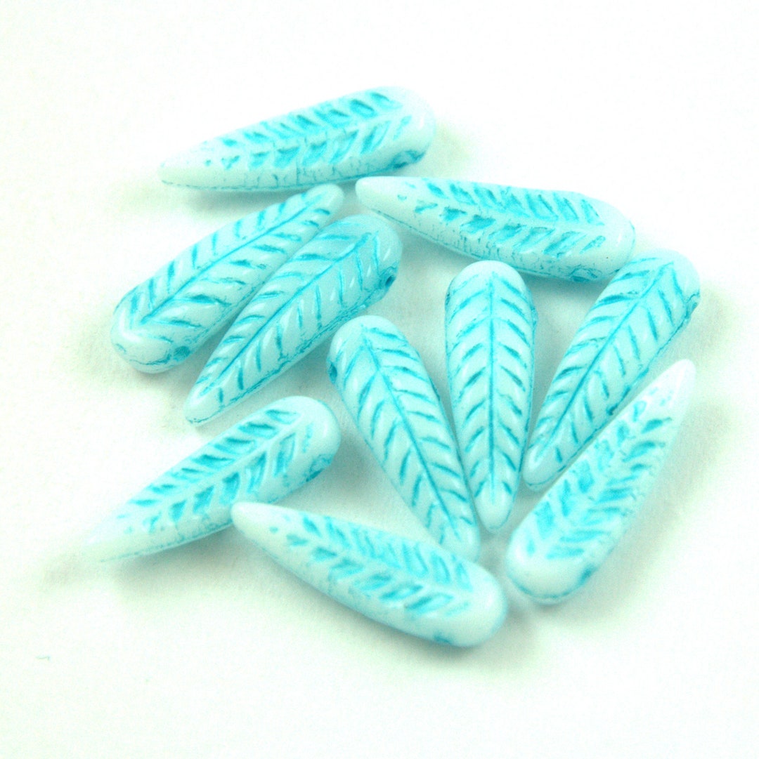 12pcs Czech Pressed Glass Beads Feather 5x17 Mm Alabaster Turquoise ...