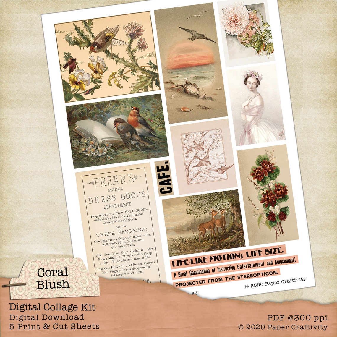 Coral Blush Digital Collage Kit, Digital Printable Ephemera, Ephemera ...