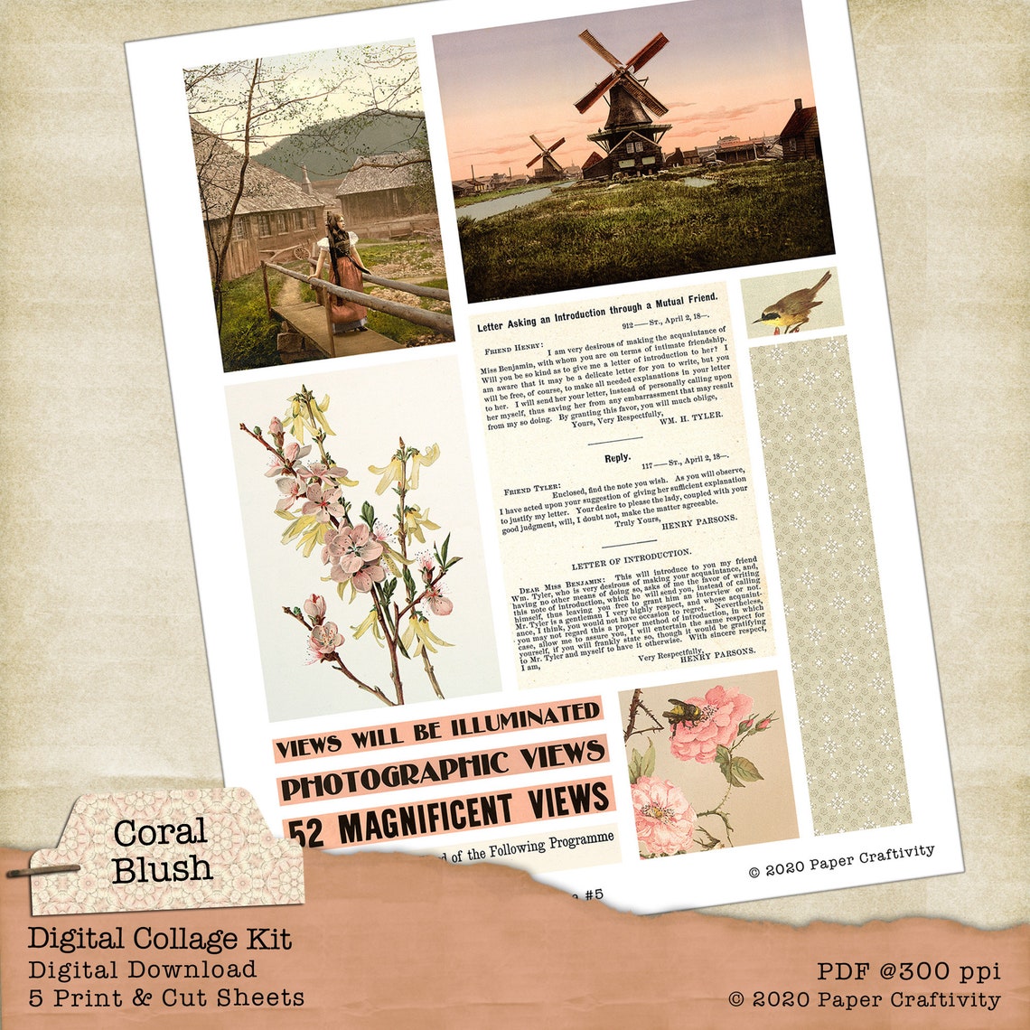 Coral Blush Digital Collage Kit, Digital Printable Ephemera, Ephemera ...
