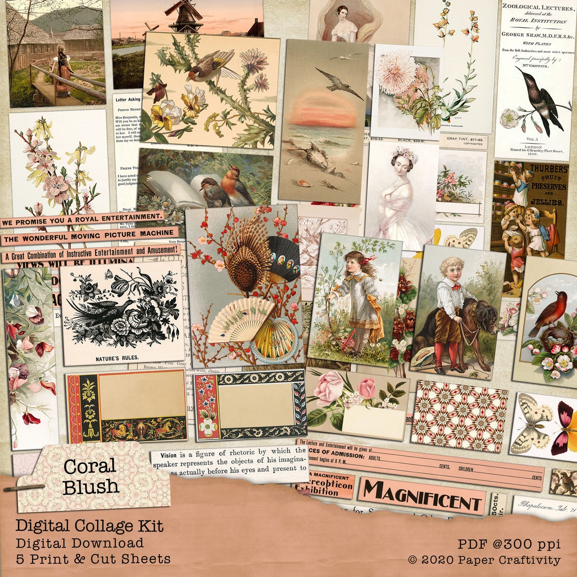 Coral Blush Digital Collage Kit, Digital Printable Ephemera, Ephemera ...