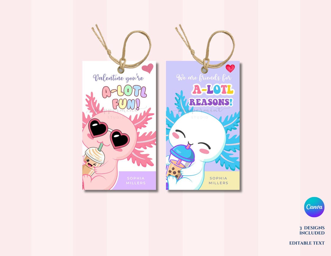 Printable Axolotl Valentines, Kids Classroom Valentine Tags, A-lotl Fun ...