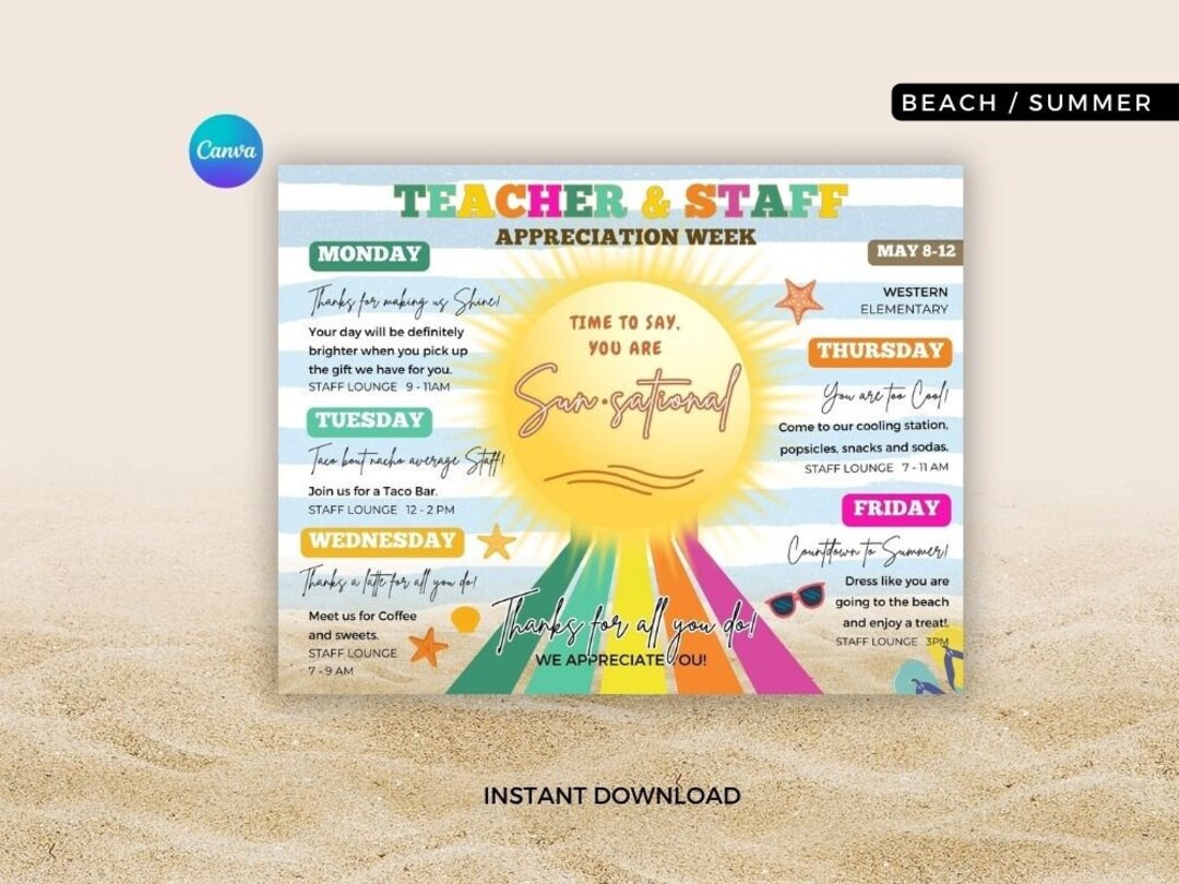 Sunsational Beach Summer Teacher Appreciation Week Sign I Staff ...