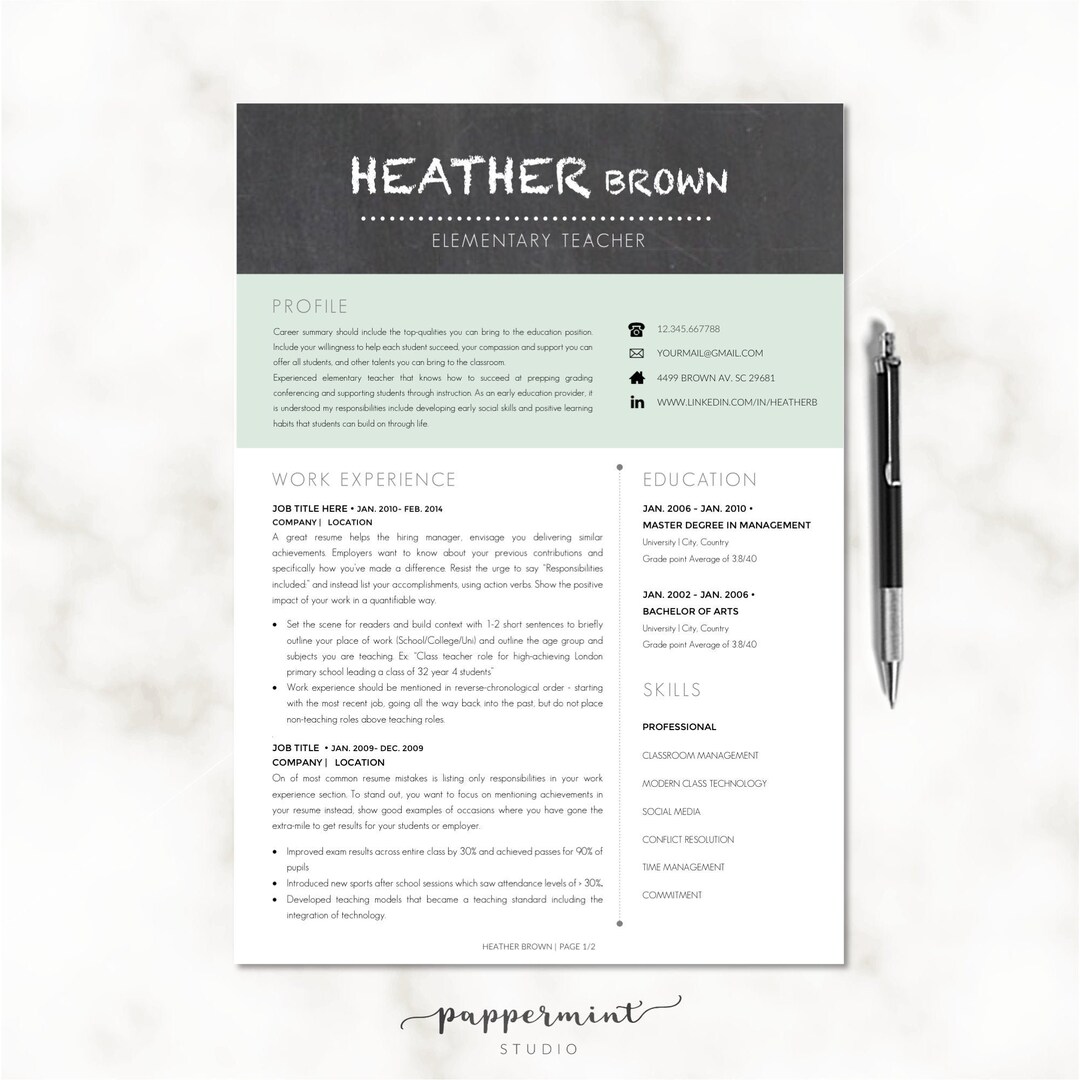 Teacher Resume Template for Word, Teacher CV Template, Elementary ...