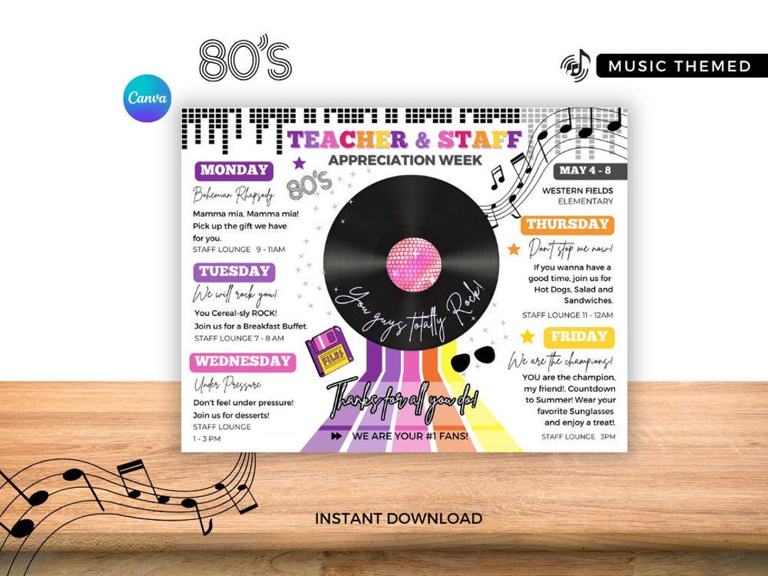 80s Teacher Appreciation Week Flyer: You Rock Itinerary (CANVA Template ...