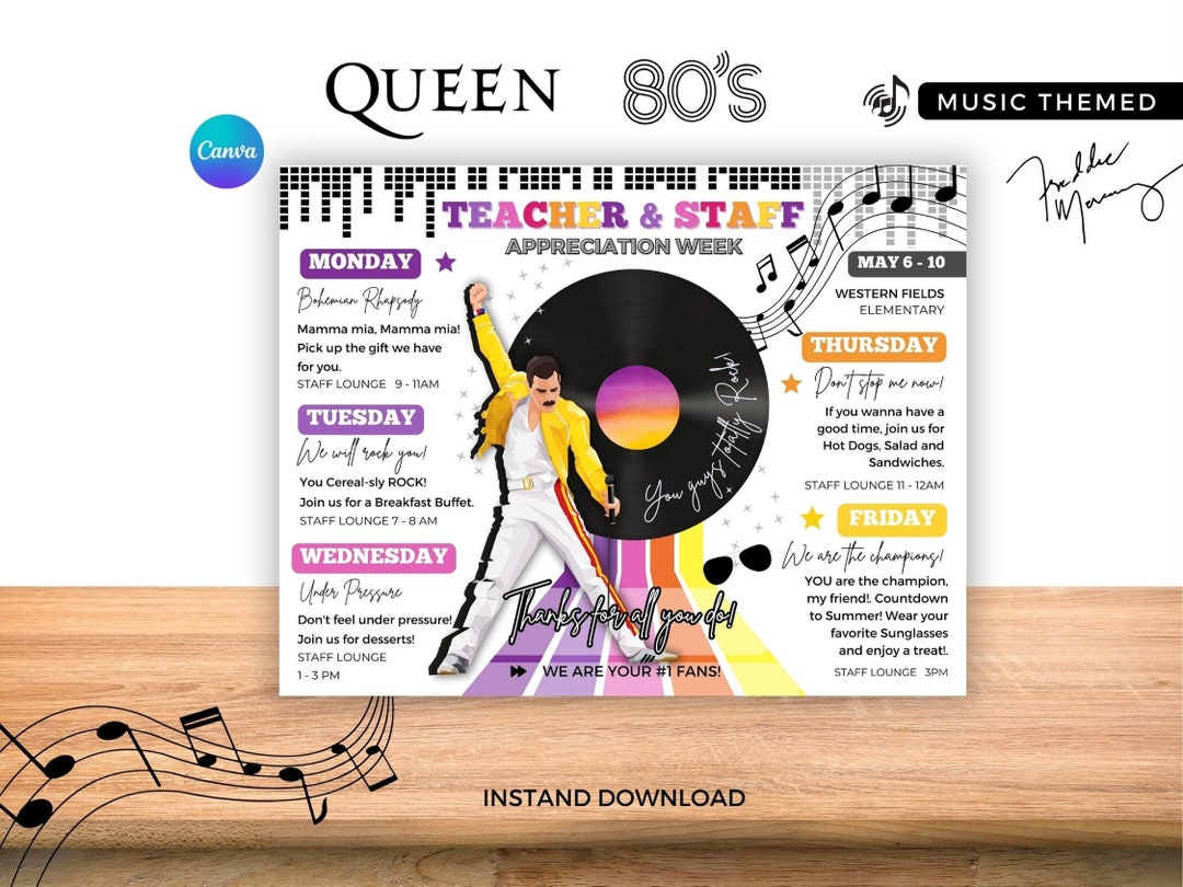 Editable 80s Music Teacher Appreciation Itinerary I Bohemian Rhapsody ...