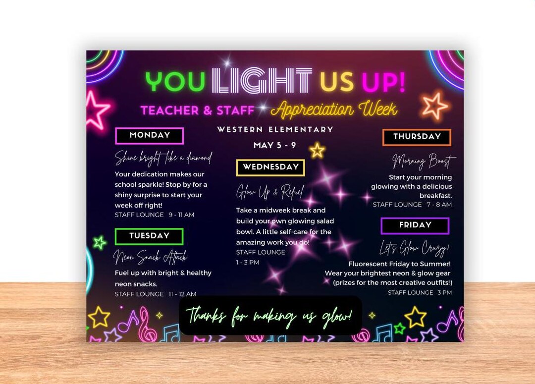 Glow Theme Teacher Appreciation Week Flyer: Neon Itinerary (CANVA ...