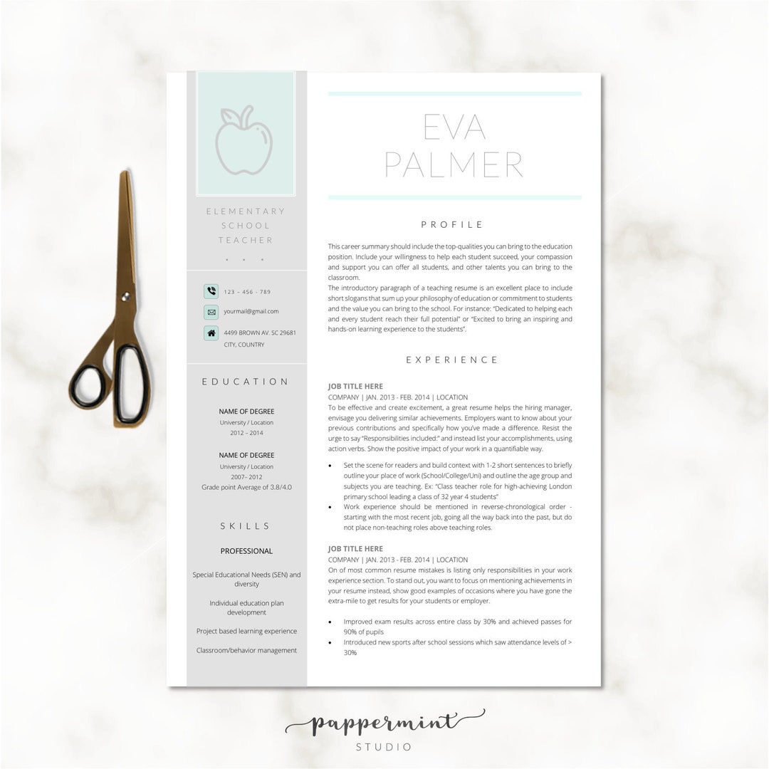 Elementary Teacher Resume Template for Word & Pages | Teacher CV ...