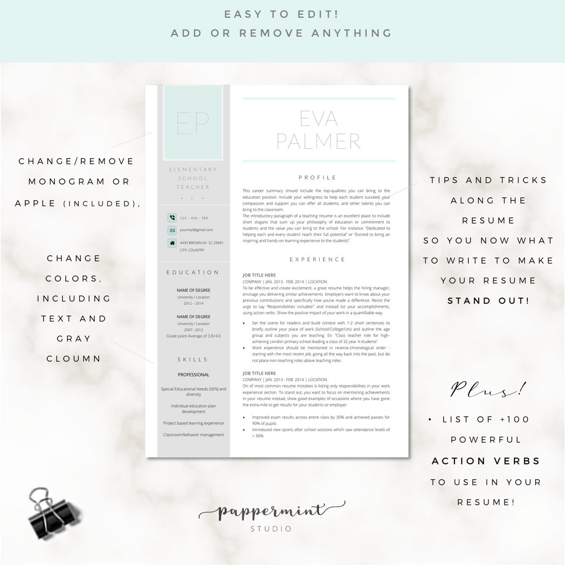 Elementary Teacher Resume Template for Word & Pages Teacher | Etsy